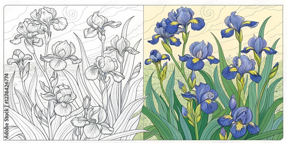 Irises Coloring Page Line Art and Colored Illustration, Botanical ...