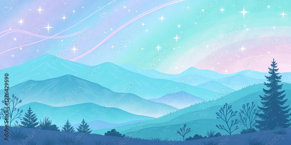 Pastel Mountainscape Digital Illustration of Starry Night, Blue ...