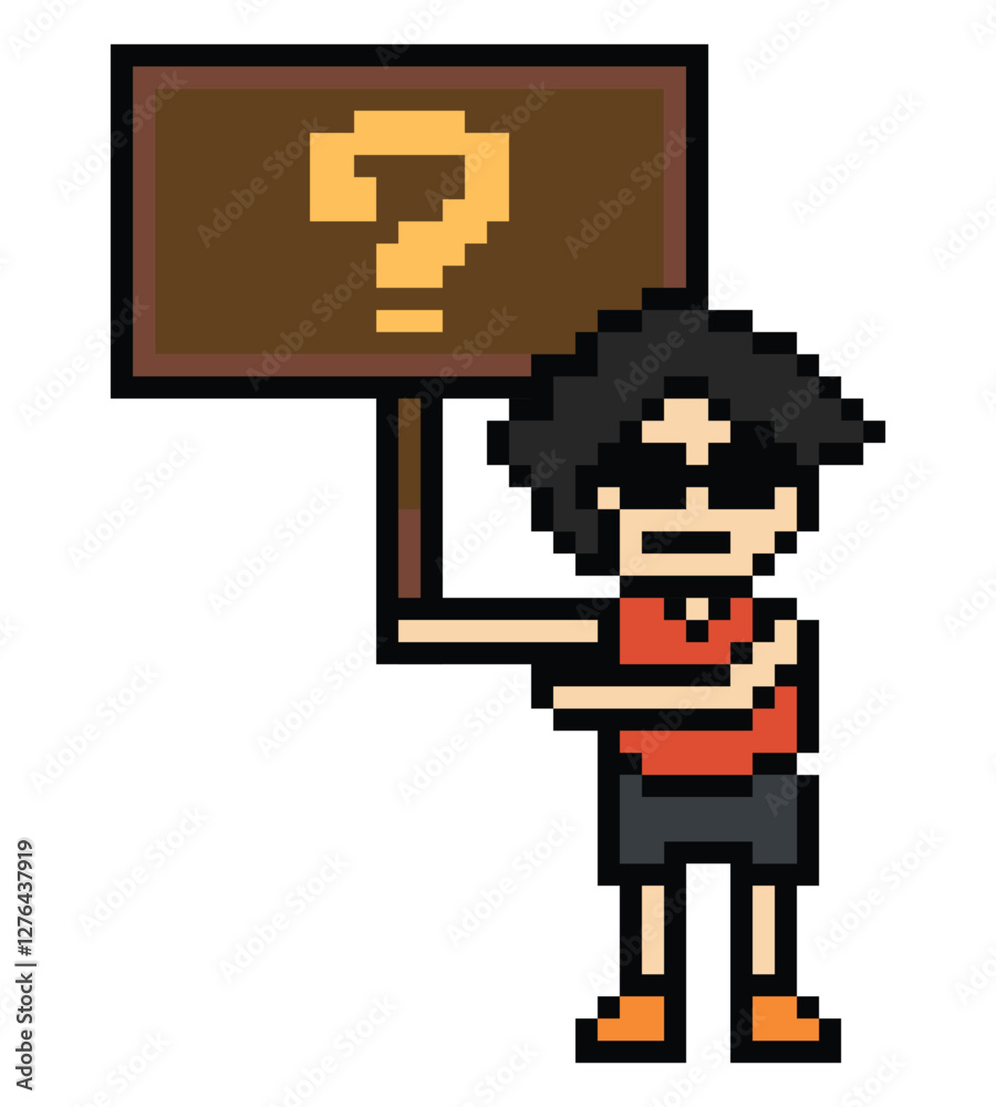 Cute pixel cartoon character man with question mark decoration 8 bit ...
