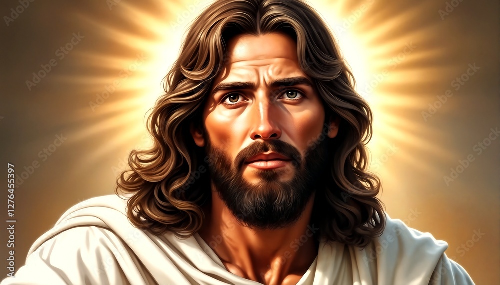Jesus Christ with long brown hair and beard, wearing a white robe, looking up towards the sky ...