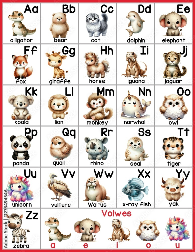 Colorful Cute Animal Alphabet Chart for Kids with Letters and Phonics Educational ABC Poster for ...
