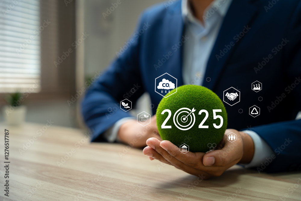 Green globe with sustainable future 2025, Net Zero, ESG strategy green economy, Carbon ...