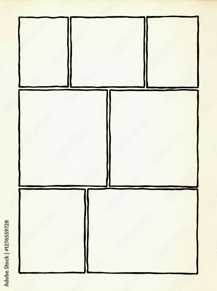 Hand-drawn comic panel grid with seven rectangular frames, irregular ...