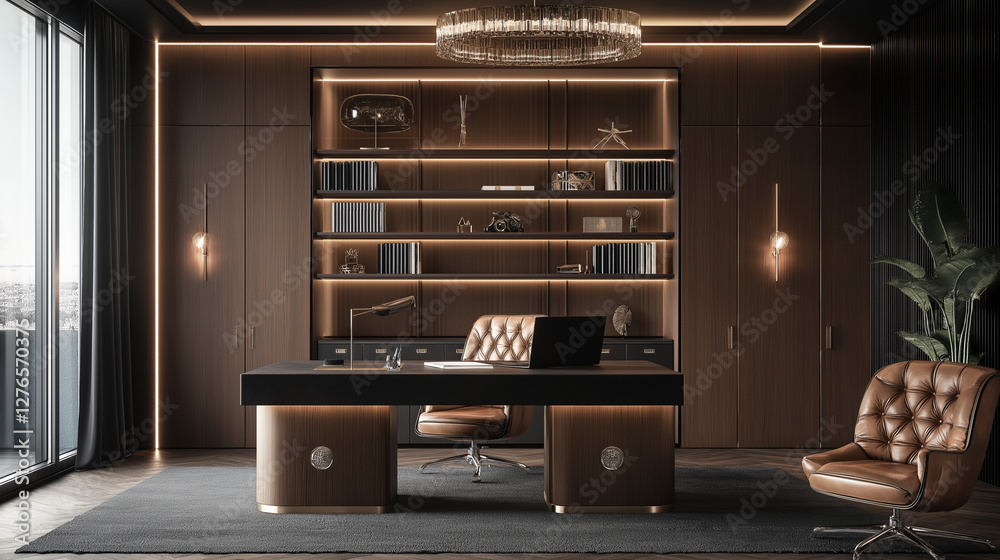 Sophisticated executive home office with dark wood paneling, grand desk ...