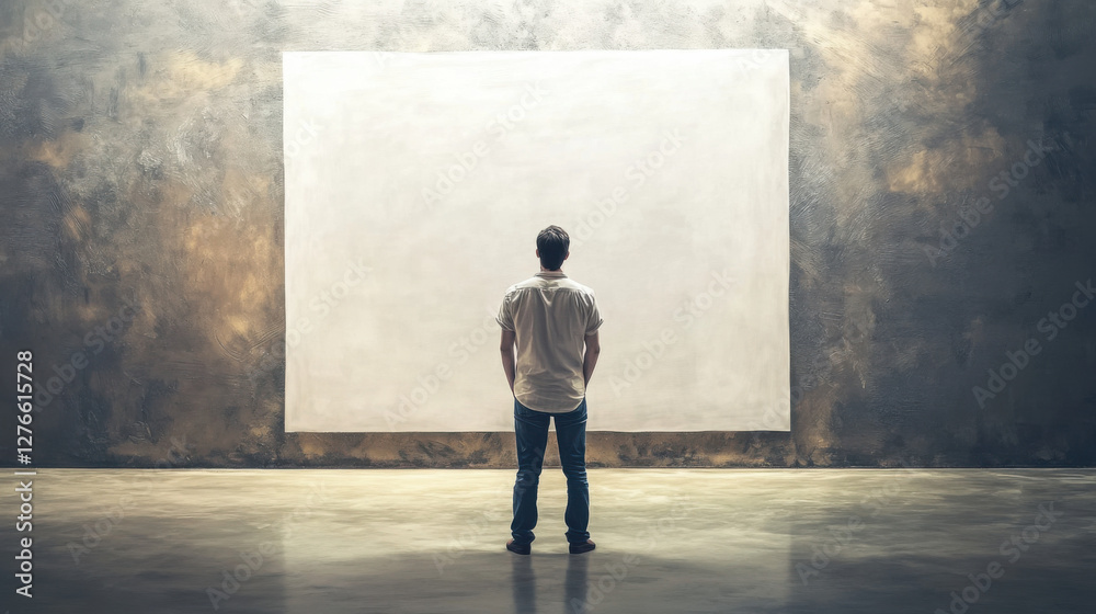 Contemplative Individual Gazing at Blank Canvas in Art Gallery Setting ...