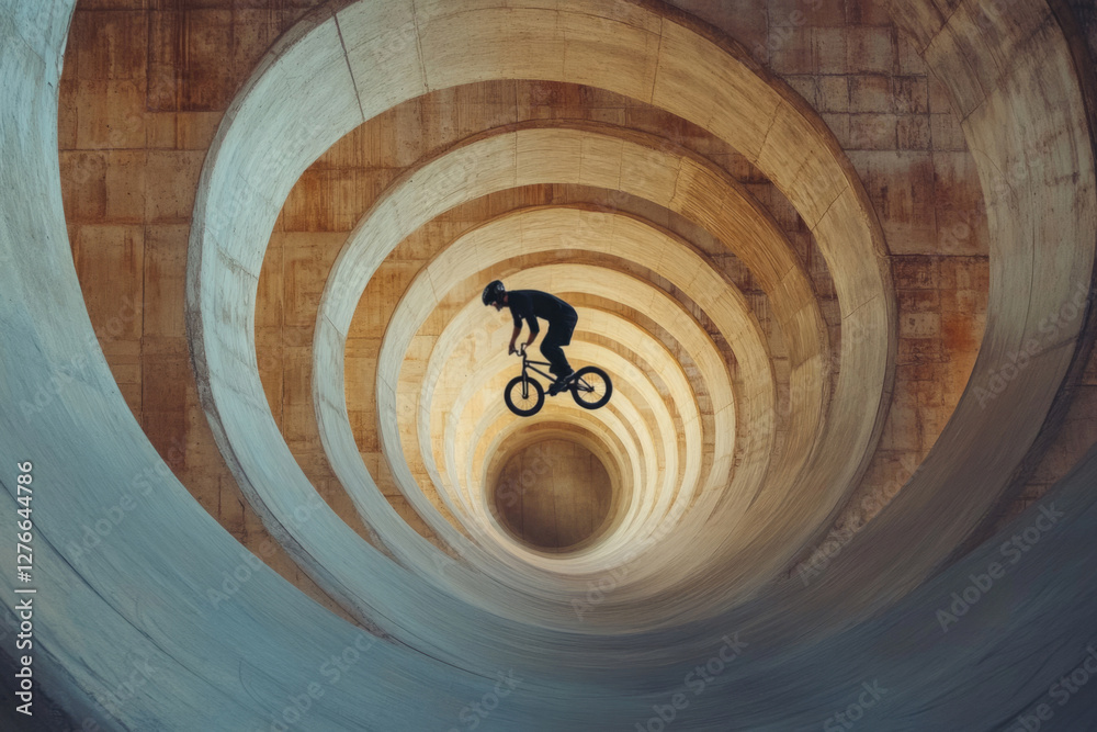 Bmx cyclist wearing helmet performing freestyle trick jumping with his ...