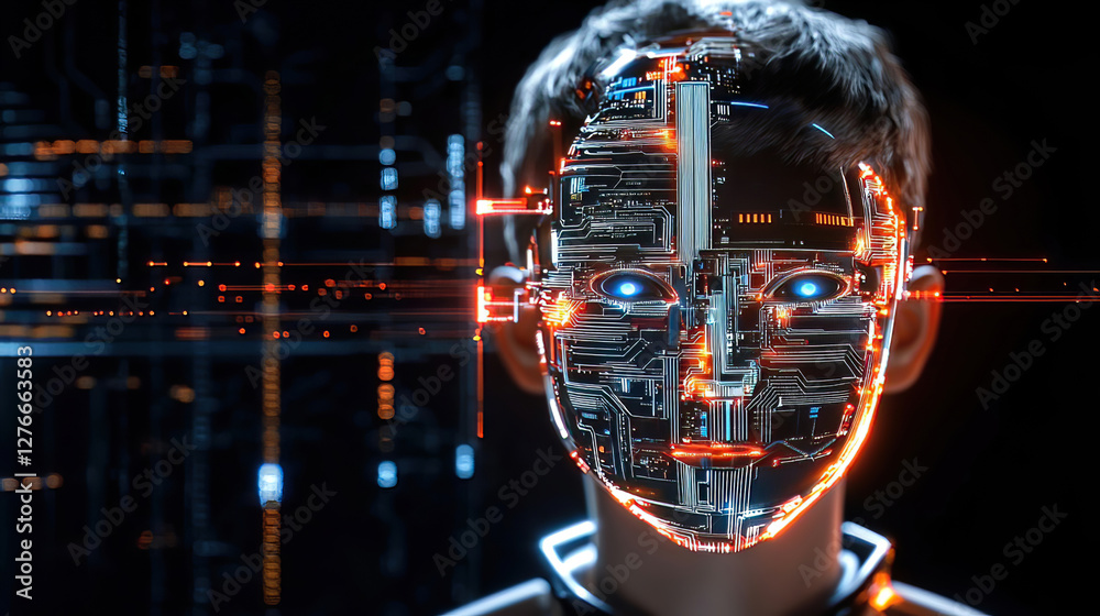 AI-powered quantum combines artificial intelligence with quantum computing. Futuristic Human ...