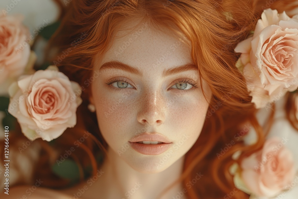 Beautiful redhead model lying down with roses around her head, showing ...