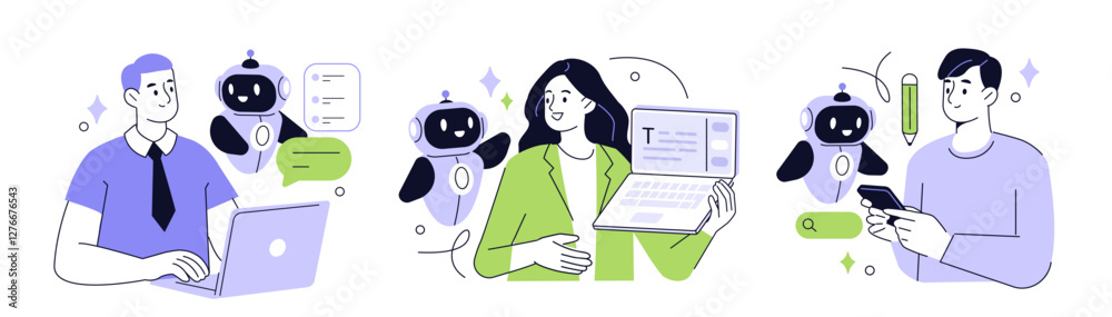 AI technology set. Characters using artificial intelligence generative tools for business tasks ...