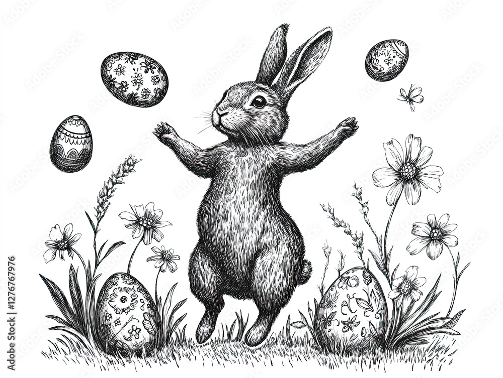 Ilustración de Stock Easter bunny dancing joyfully amid spring flowers ...