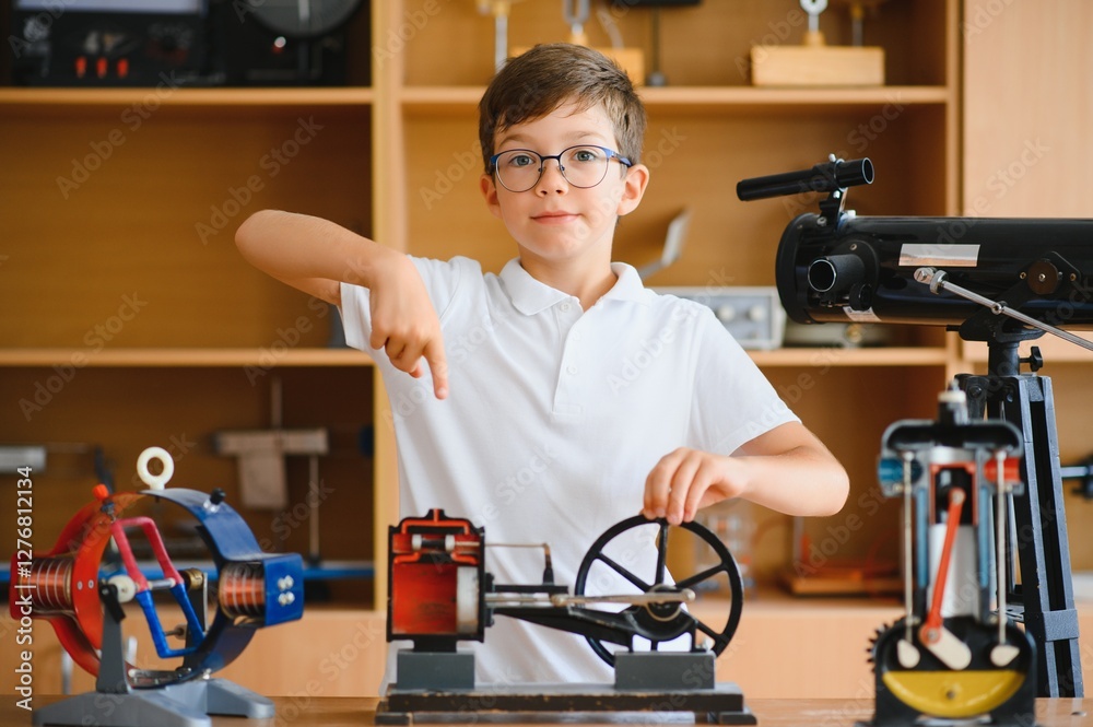 Physics lesson. A student at a desk with scientific instruments and a ...