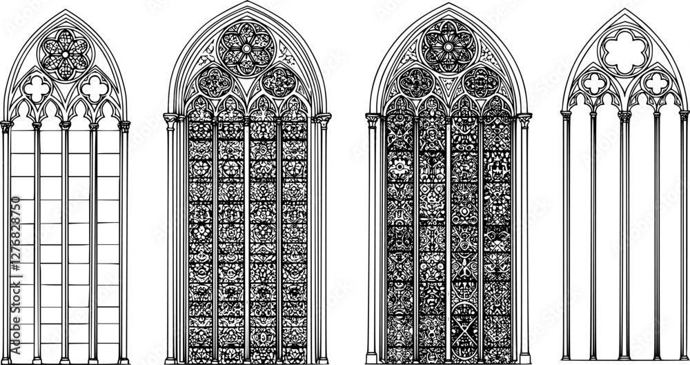 Medieval gothic church glass arch windows. Catholic temple or castle ...