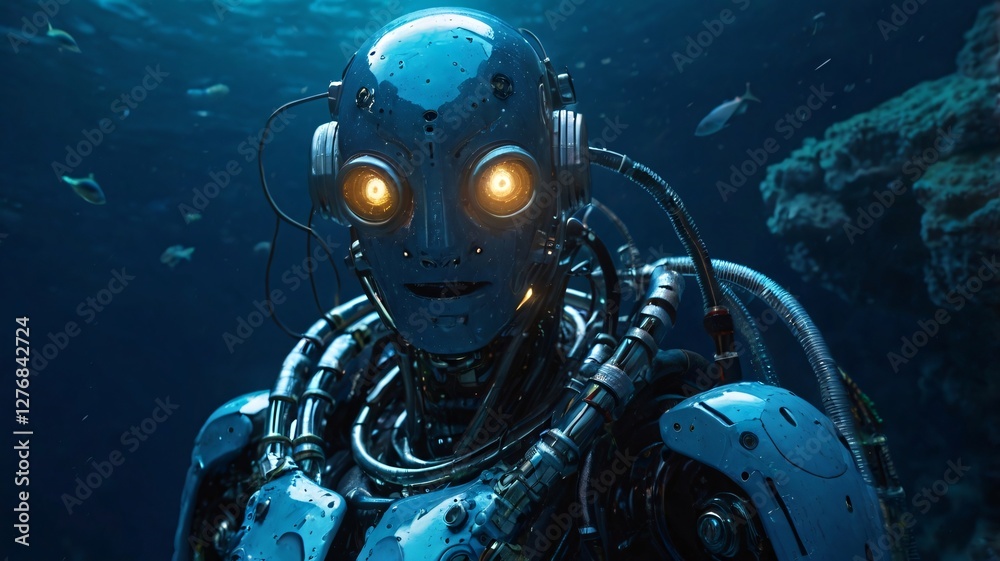 A humanoid robot diver exploring the deep ocean, glowing blue lights ...