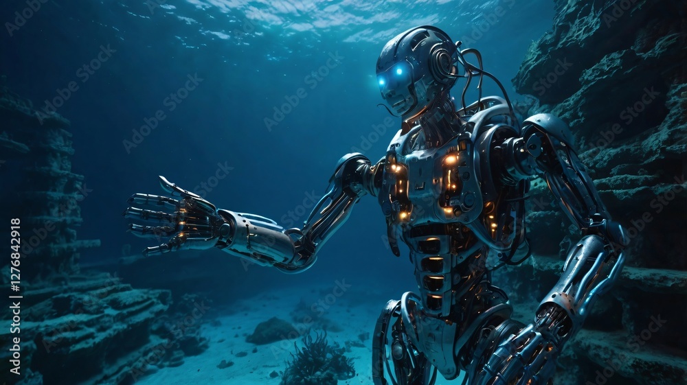 A humanoid robot diver exploring the deep ocean, glowing blue lights ...