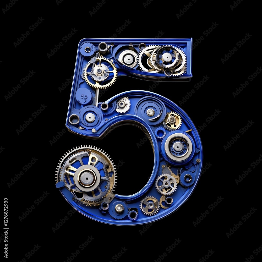 Stunning blue and gold metal gear design shaped as number five on a ...