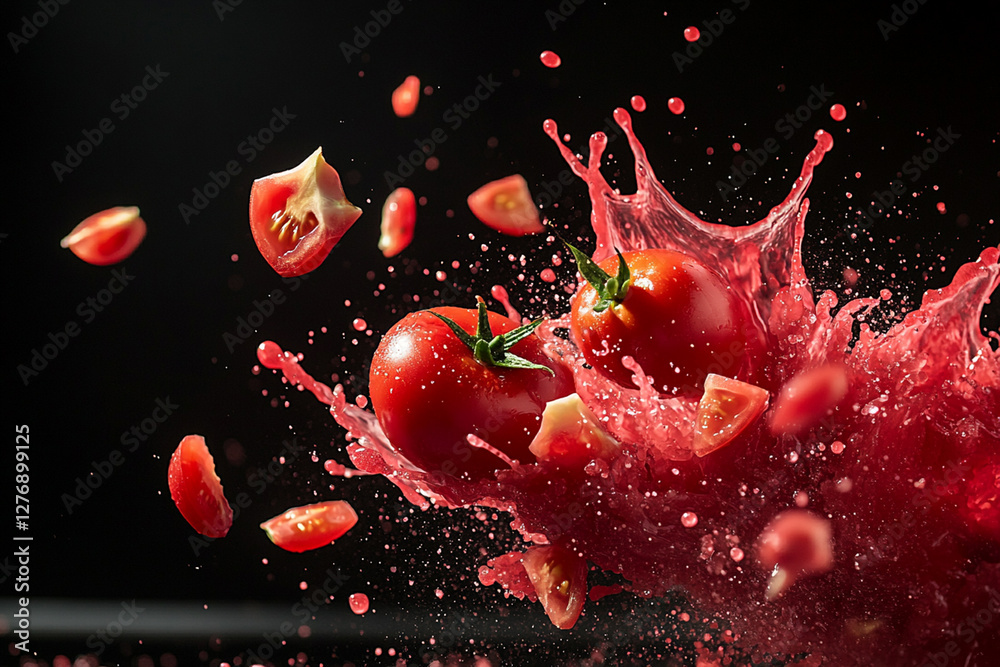Exploding tomato burst, vibrant red and pink color palette, juice ...