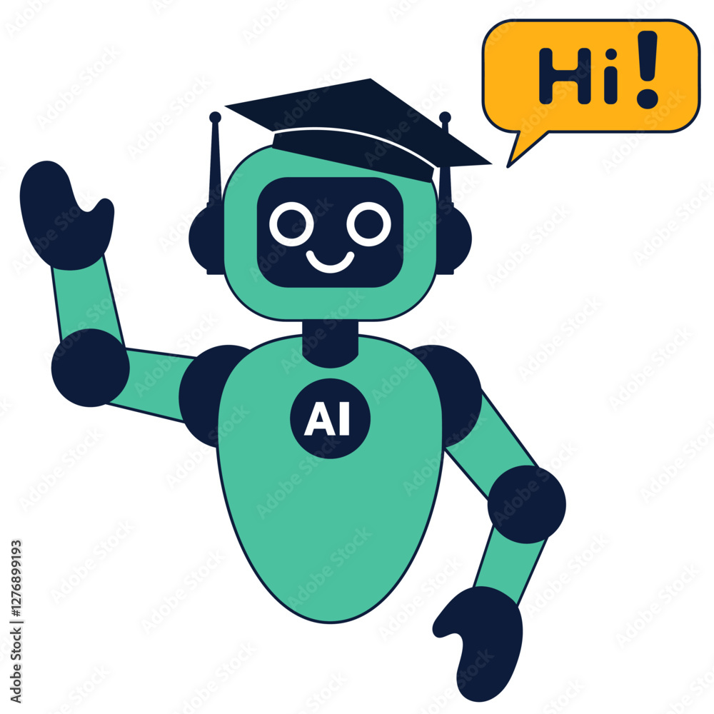 Friendly greeting from chatbot robot in graduation cap. Online ...