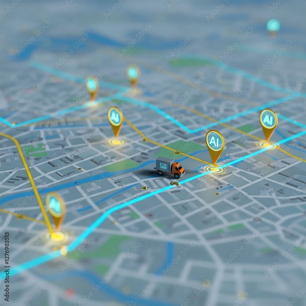 Digital map with AI-powered delivery routes and glowing tech pins ...