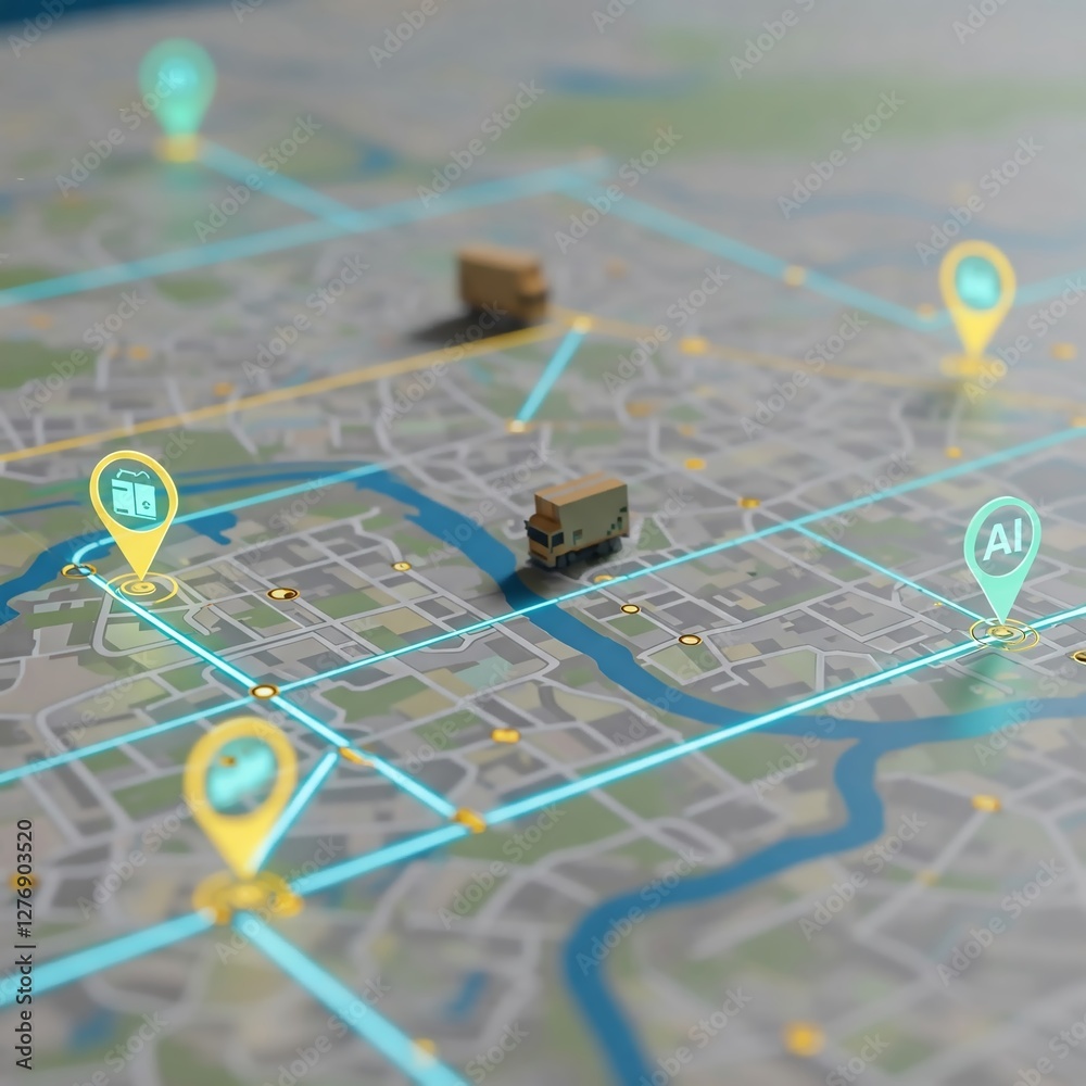 Digital map with AI-powered delivery routes and glowing tech pins ...