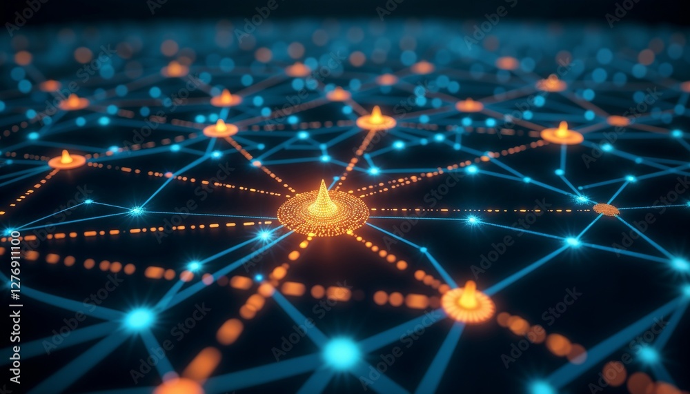 Illuminated network of interconnected nodes and lines depicting a structured system of reasoning ...