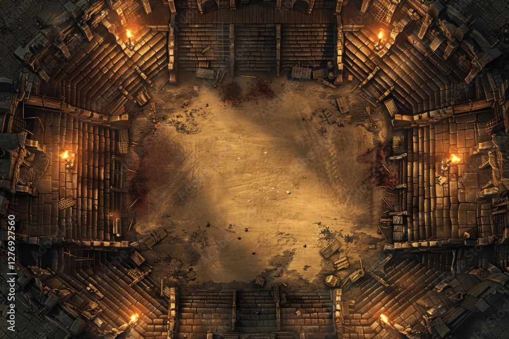 Ancient battle arena with stone steps, burning torches, and a ...
