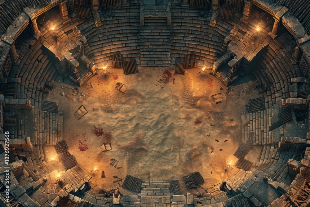 Ancient battle arena with stone steps, burning torches, and a ...