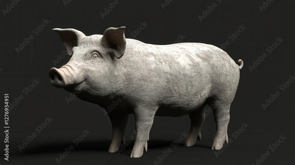 Realistic 3d model of a standing pig with detailed texture against dark ...