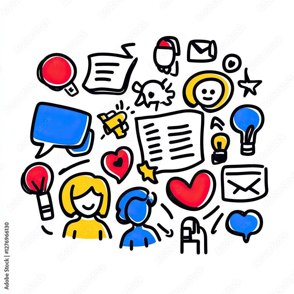 Doodle art of a diverse group connecting with symbols of communication ...
