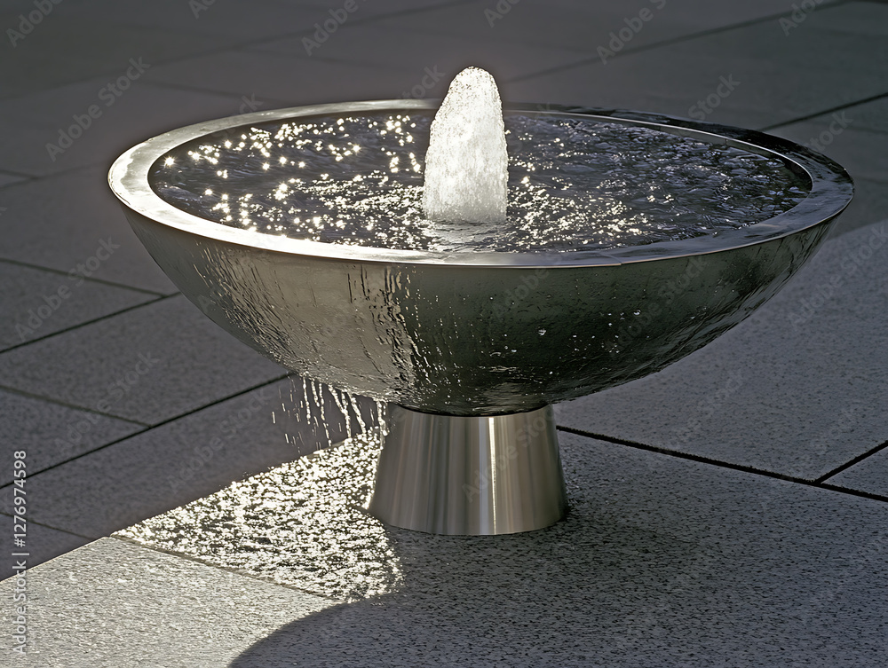 Sunlit water feature: A modern bowl-shaped fountain with a central jet ...