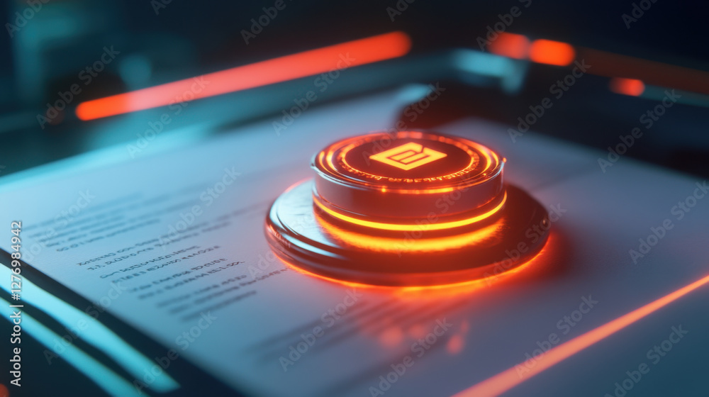 glowing approval stamp icon on contract paper, symbolizing validation and agreement. vibrant ...
