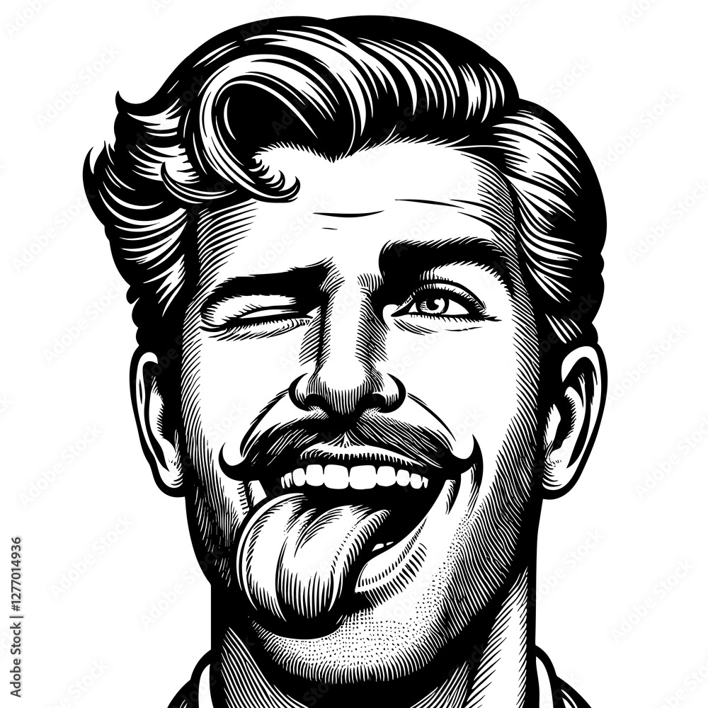 cheerful man with a mustache winking and sticking out his tongue in a ...