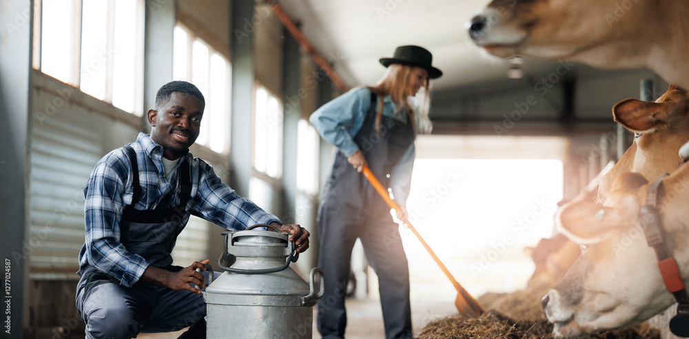 Portrait happy workers of farm. Team of people working of industry ...