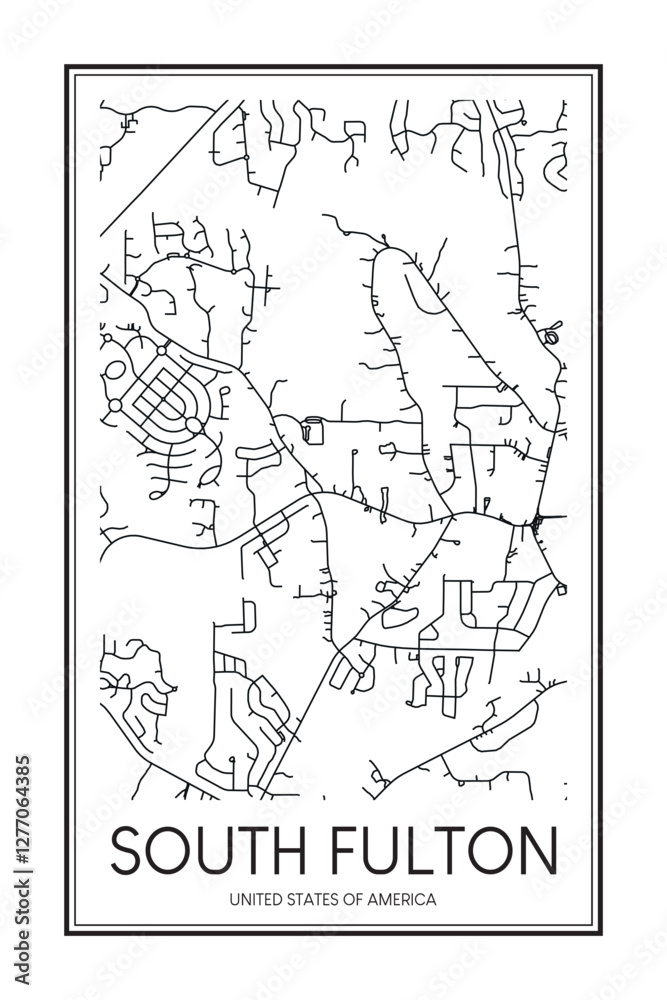 Printable downtown road map poster of the USA town of SOUTH FULTON on ...