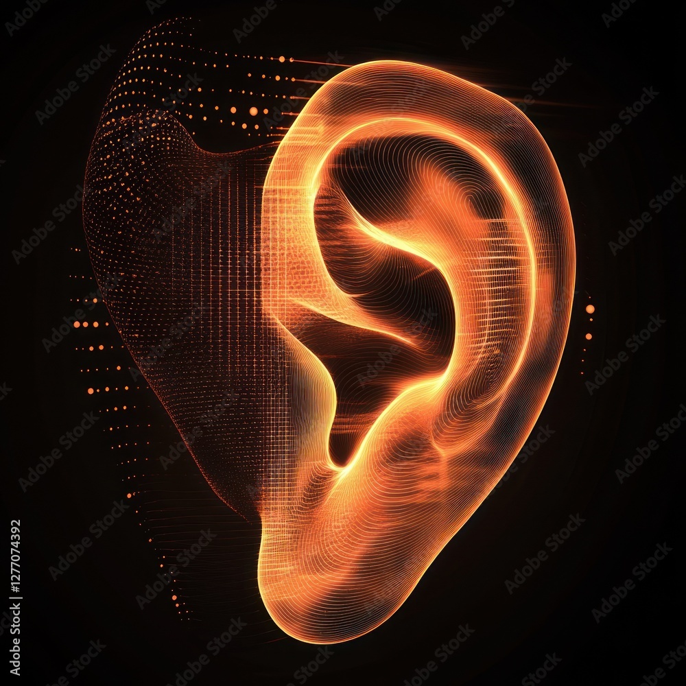 The close-up visual of a human ear shows sound waves radiating outward ...