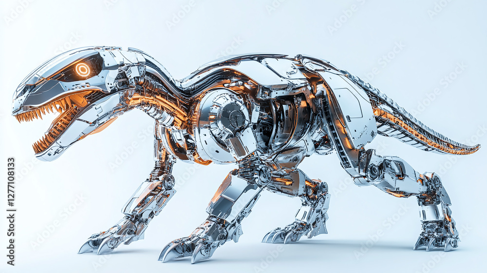 Robotic dinosaur as mechanical cyber animal isolated on a white ...