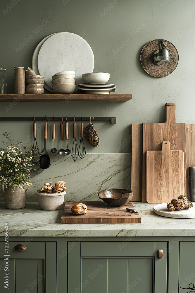 Earthy Green Kitchen Scene. A kitchen mood board presents earthy green ...