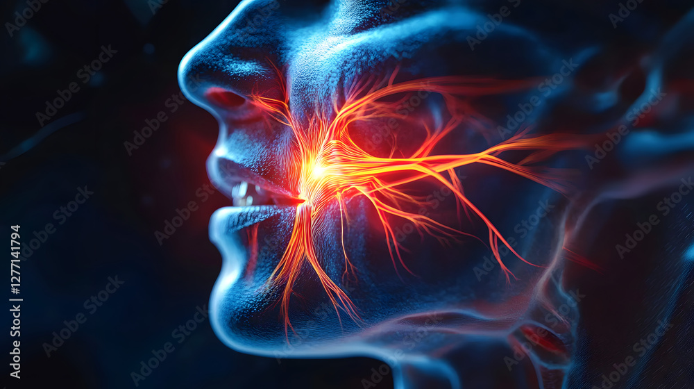 trigeminal nerve with a highlighted area indicating pain, surrounded by ...