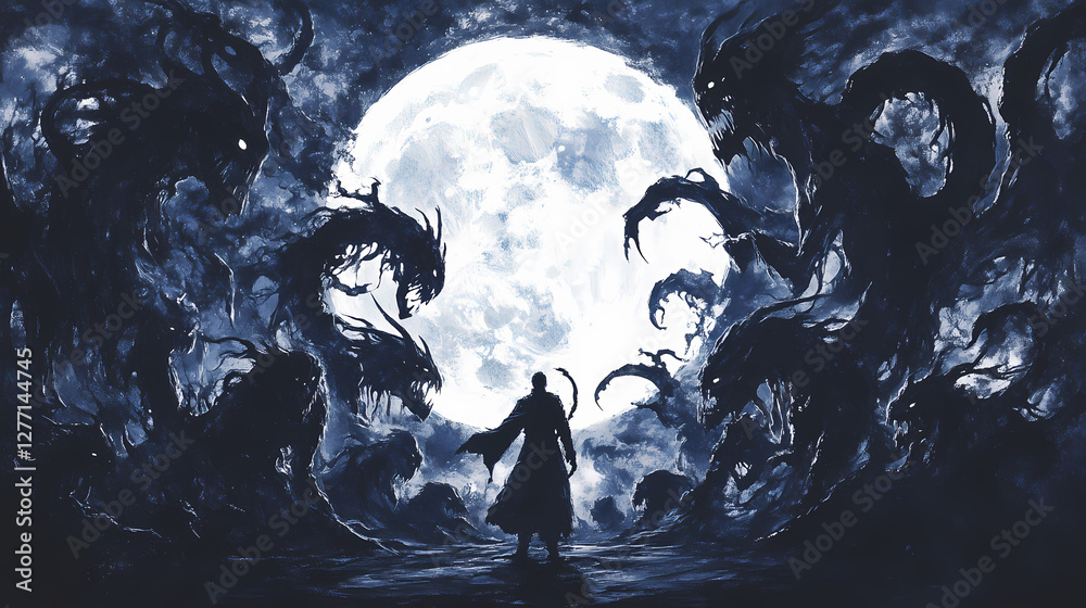Dark fantasy art; sorcerer confronts shadowy creatures under a full ...
