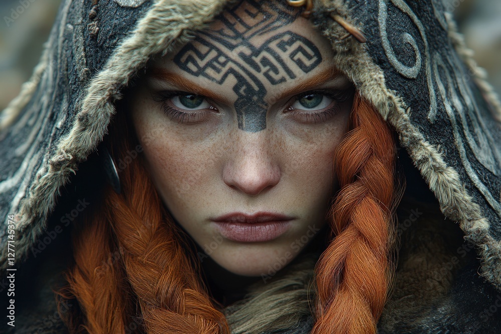 Fierce warrior with intricate face tattoo and braided hair in an ...