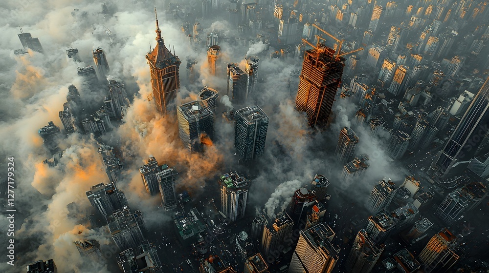 Aerial satellite view of a large metropolitan city covered in thick ...