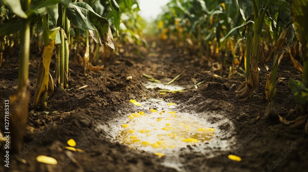 Toxic fertilizer affecting agricultural land. Featuring weak crops and ...
