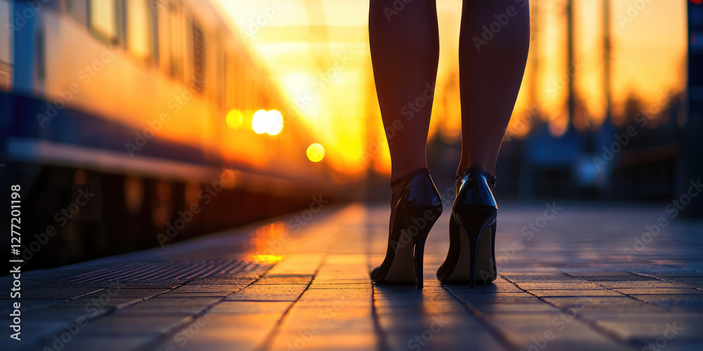 Female legs in high heels stand and wait in an outdoor train station ...