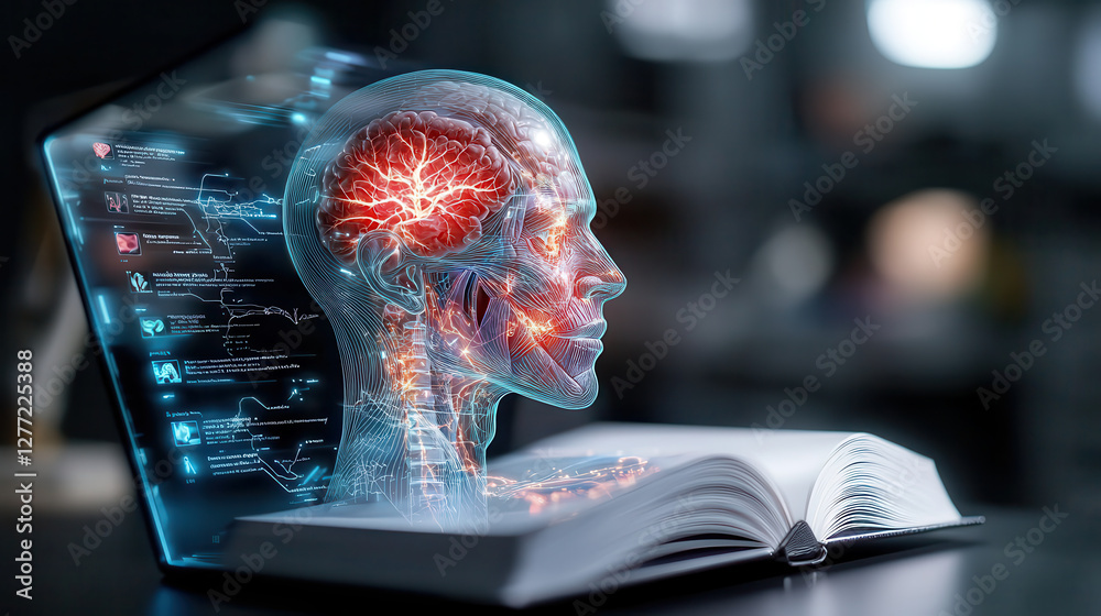 holographic anatomy book displays dynamic 3D model of human brain, showcasing neural pathways ...
