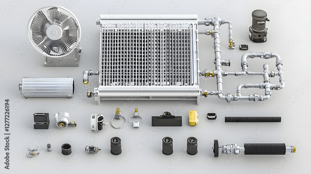 Detailed and photograph of an automotive radiator system showcasing the ...