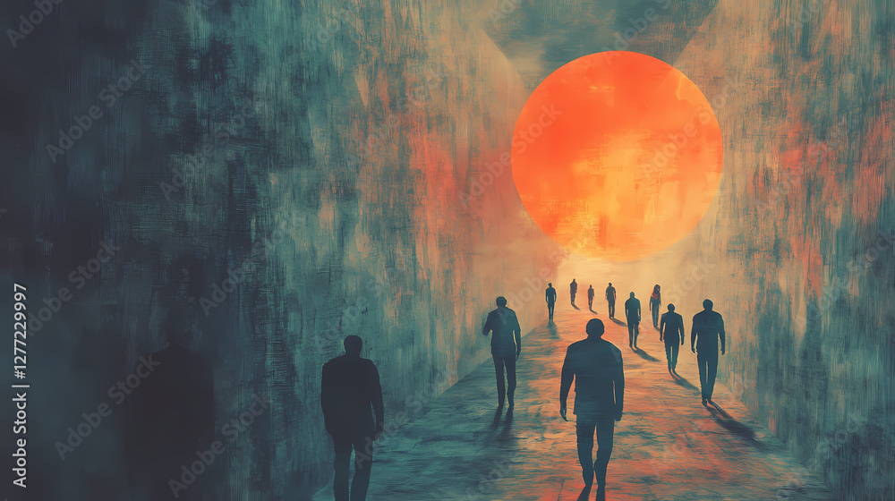 Surrealist painting, strange actions of surreal people without faces ...