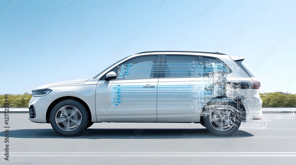 Side view of a vehicle s hybrid powertrain system with arrows ...