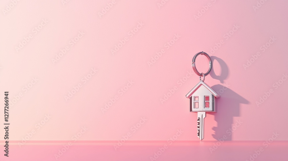 House key with a keychain in the shape of a house on a pastel pink ...