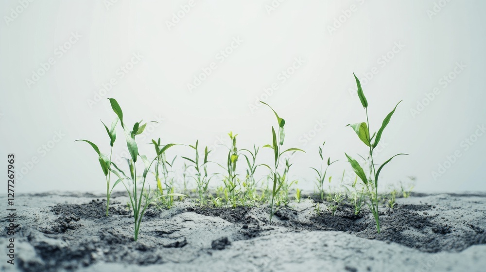 Toxic fertilizer polluting crops and soil. Featuring stunted plants and ...