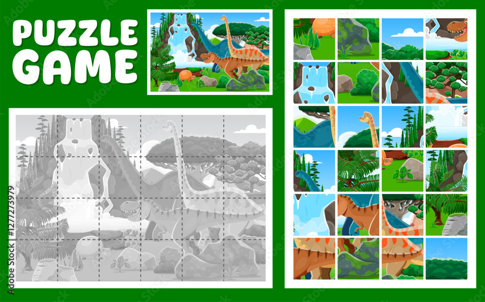 Prehistoric dinosaur animals on jigsaw puzzle logic game quiz, cartoon ...