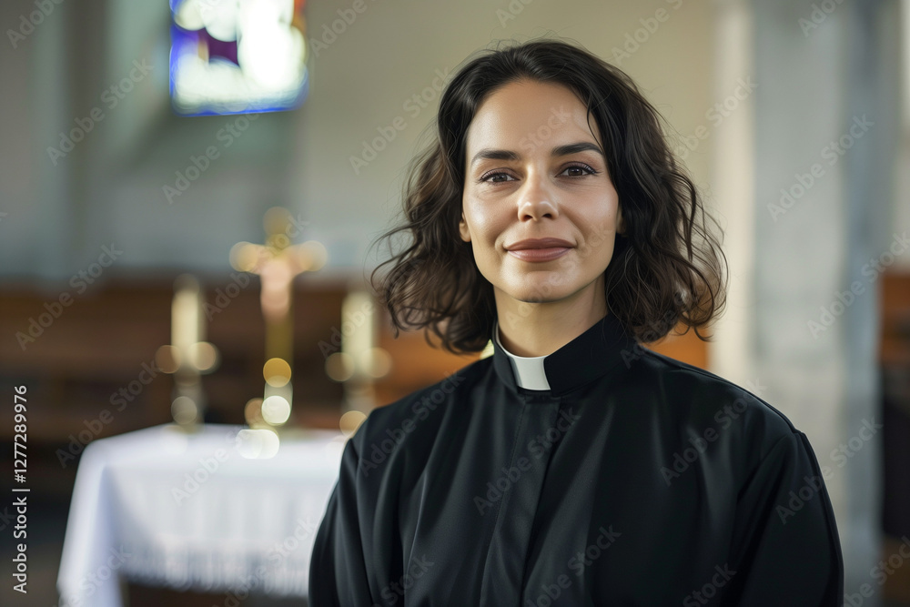 Female Priest Standing in Church Holding Bible as a Representation of ...